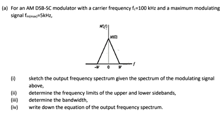 SOLVED: For an AM DSB-SC modulator with a carrier frequency f = 100 kHz and a maximum modulating ...