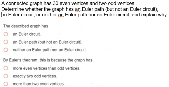SOLVED: A connected graph has 30 even vertices and two odd vertices. Determine whether the graph ...