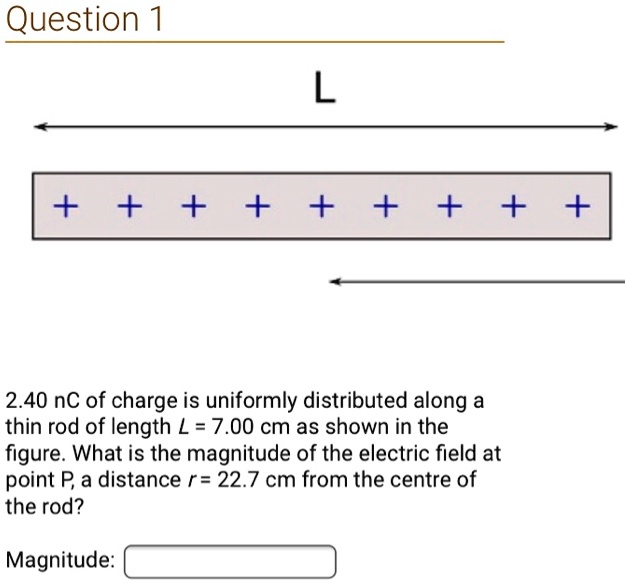SOLVED: Question + + + + + + + + + 2.40 nC of charge is uniformly distributed along a thin rod ...