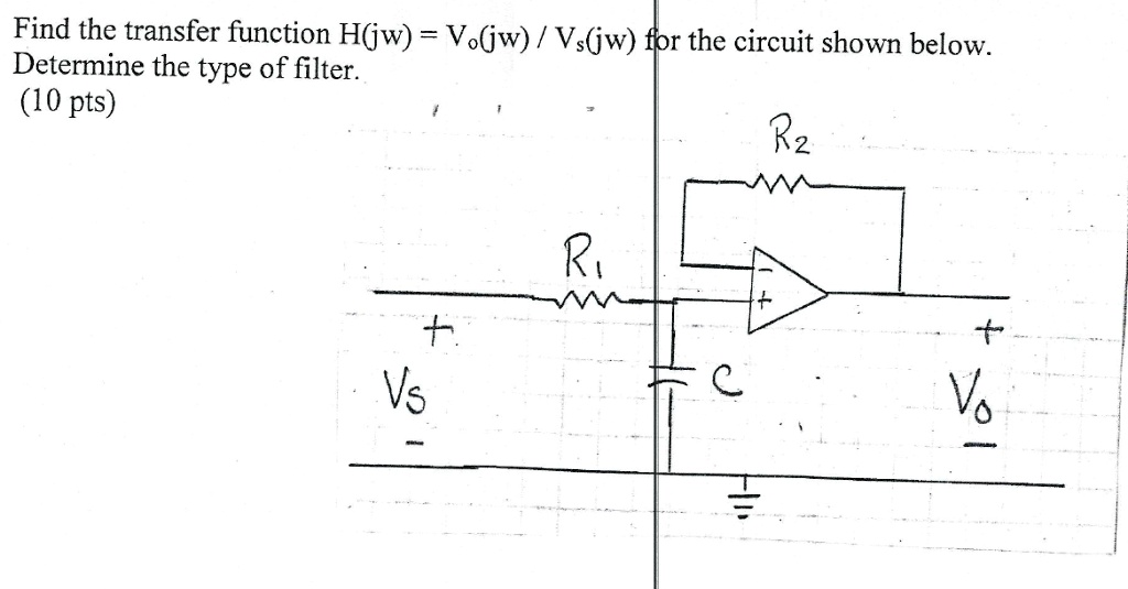 SOLVED: Find the transfer function H(jÏ‰) = V(jÏ‰) / Vs(jÏ‰) for the circuit shown below ...