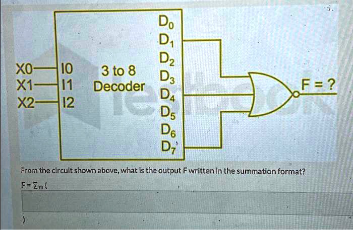 [GET ANSWER] Do D1 D2 X0 10 3 to 8 X1- 11 D3 Decoder F = ? D4 X2- 12 D5 D6 D7 From the circuit ...
