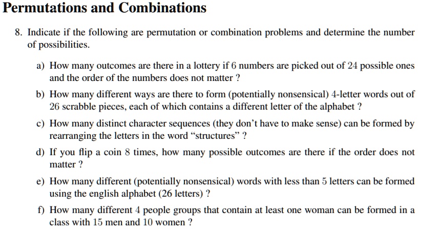 SOLVED Permutations And Combinations Indicate If The Following Are Permutation O Combination 