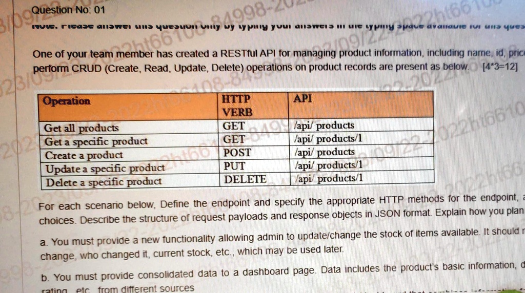 SOLVED: Texts: Question No:01 One of your team members has created a RESTful API for managing ...