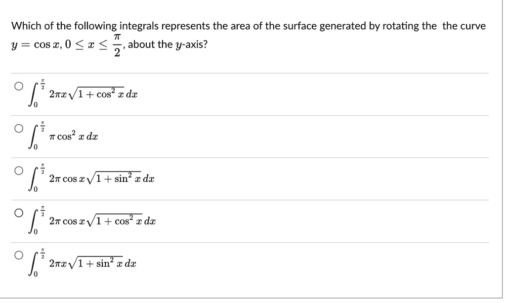 SOLVED: Which of the following integrals represents the area of the ...