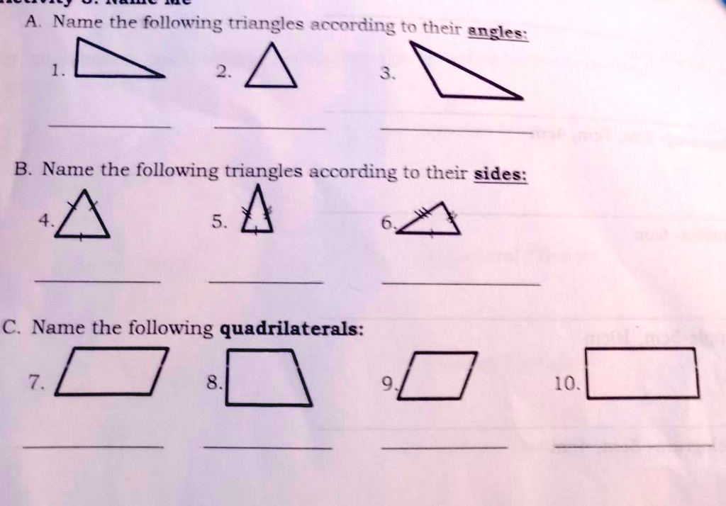 SOLVED: 'A.Name tge following triangles according to their anglesB.Name ...