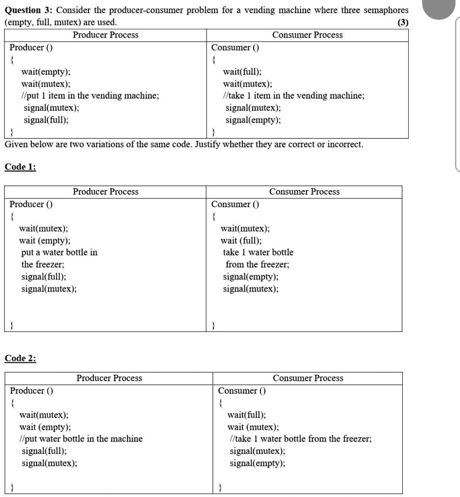 question 3 consider the producer consumer problem for a vending machine where three semaphores ...