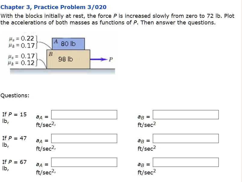 SOLVED: Chapter 3, Practice Problem 3/020 With the blocks initially at rest, the force P is ...