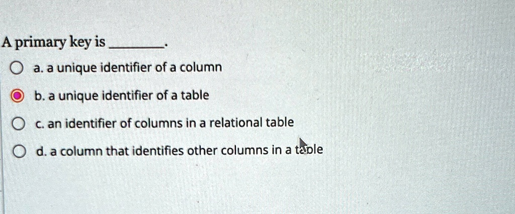 A primary key is: a. a unique identifier of a column b. a unique identifier of a table c. an ...