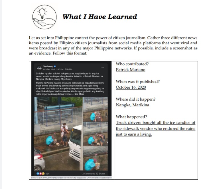 SOLVED: What I Have Learned Let us set into Philippine context the power of citizen journalism ...