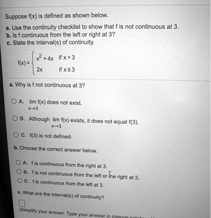 suppose fx is defined as shown below a use the continuity checklist to ...