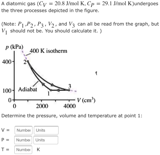 SOLVED: A diatomic gas (Cv 20.8 J/mol K, Cp 29.1 J/mol K) undergoes the ...