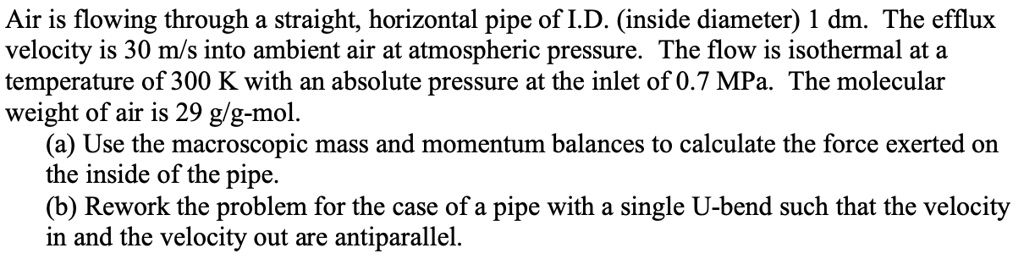 SOLVED: Air is flowing through a straight, horizontal pipe of I.D ...
