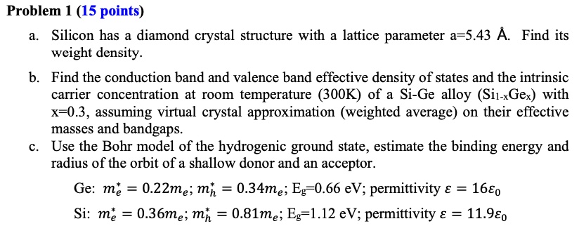 SOLVED: Problem 1 (15 points): Silicon has a diamond crystal structure ...