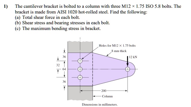 SOLVED: 1) The cantilever bracket is bolted to a column with three M12 ...