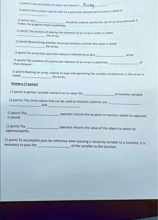 SOLVED: (1 point) Lists and tables of values are stored in an Array. (1 point) The number used ...