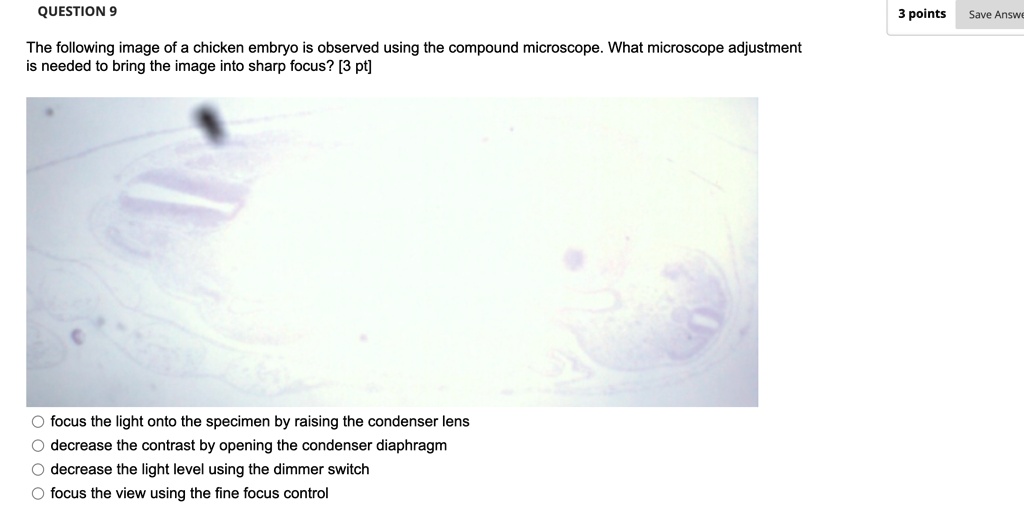 QUESTION 9 The following image of a chicken embryo is observed using ...