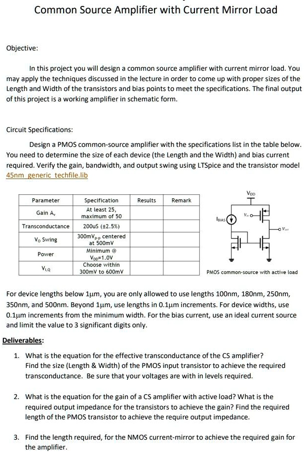 SOLVED: ONLY ANSWER THE DELIVERABLES #1 #2 AND #3 Common Source Amplifier with Current Mirror ...
