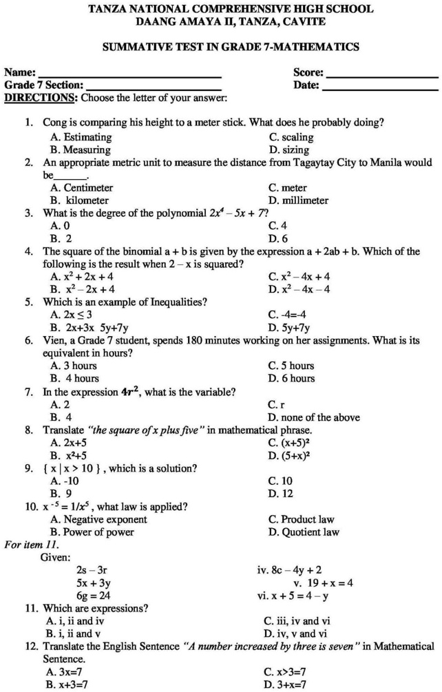 SOLVED: SUMMATIVE TEST IN GRADE 7-MATHEMATICS TANZA NATIONAL ...