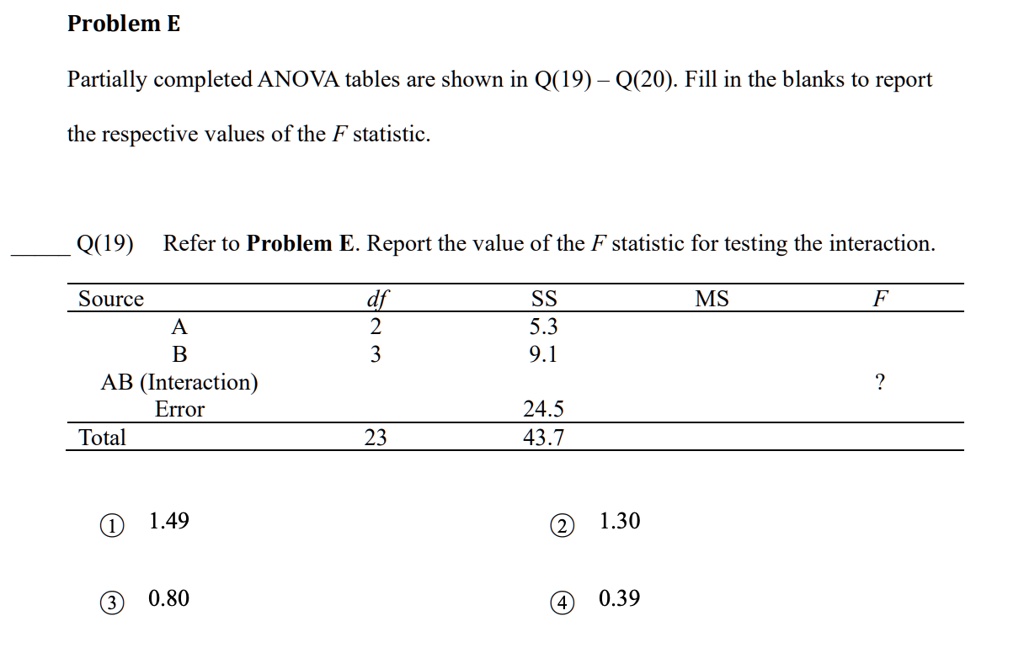 SOLVED: Problem E Partially completed ANOVA tables are shown in Q(19)-Q(20). Fill in the blanks ...