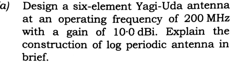 a) Design a six-element Yagi-Uda antenna at an operating frequency of ...