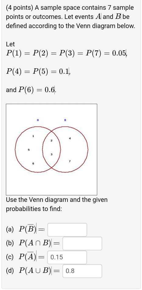 SOLVED: A sample space contains 7 sample points or outcomes. Let events A and B be defined ...