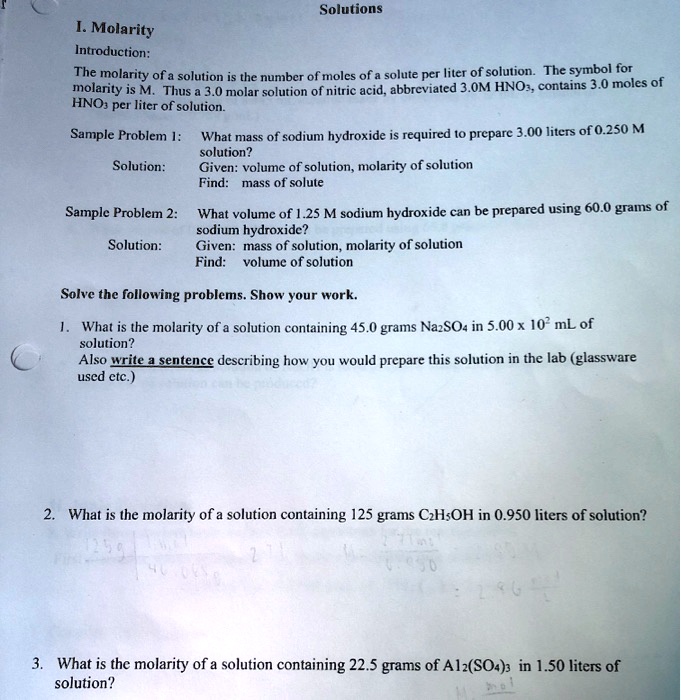 solutions molarity introduction the molarity of a solution the number of moles ofa solute per ...