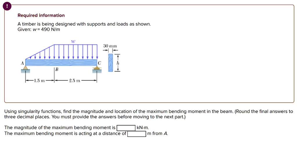 Required information A timber is being designed with supports and loads as shown. Given: w=490(N ...