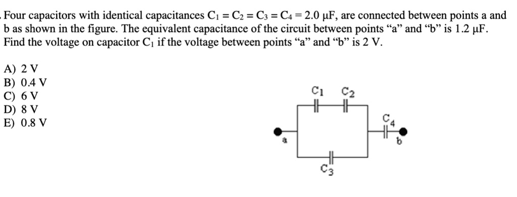 SOLVED: Text: Four capacitors with identical capacitances C1 = C2 = C3 = C4 = 2.0 F, are ...