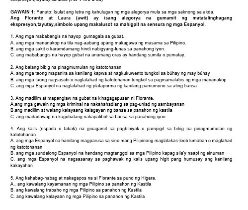 SOLVED: GAWAIN 1: Panuto: Isulat ang letra ng kahulugan ng mga alegorya ...