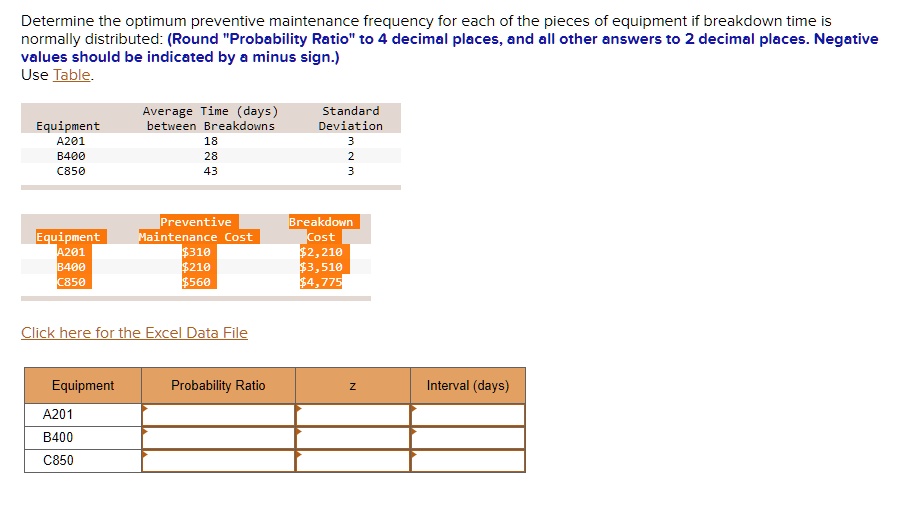 SOLVED: Determine the optimum preventive maintenance frequency for each ...
