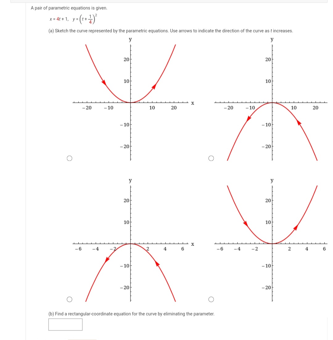 A pair of parametric equations is given. x=4 t+1, y=(t+(1)/(4))^2 (a) Sketch the curve ...