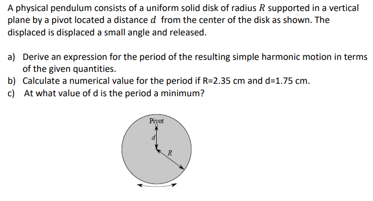SOLVED: A physical pendulum consists of a uniform solid disk of radius ...