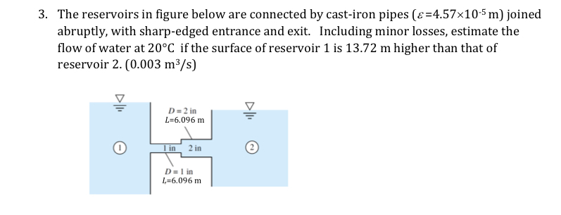 3 the reservoirs in figure below are connected by cast iron pipes ...