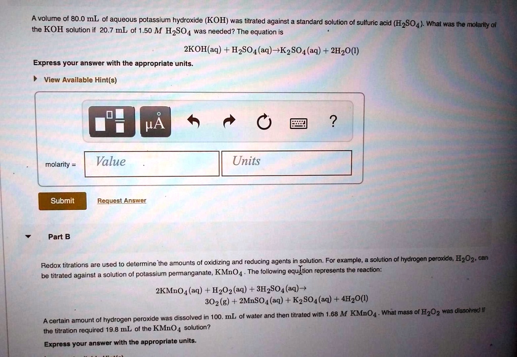 SOLVED: A volume of 80.0 mL of aqueous potassium hydroxide (KOH) was titrated against a standard ...