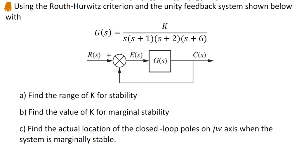 SOLVED: Using the Routh-Hurwitz criterion and the unity feedback system shown below with K s(s+1 ...