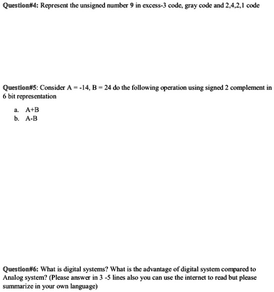 Solved Questionk Represent The Unsigned Number In Excess Code Gray 1956