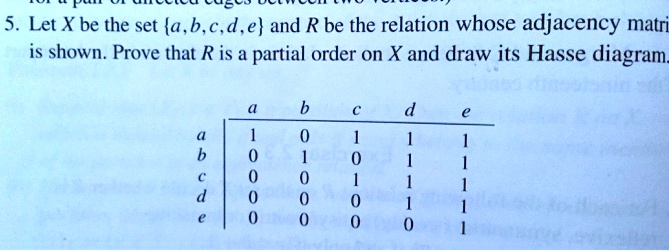 5. Let X be the set {a, b, c, d, e} and R be the relation whose adjacency matri is shown. Prove ...