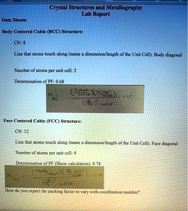 SOLVED: Crystal Structures and Metallography Lab Report Data Sheet Body Centered Cubic (BCC ...
