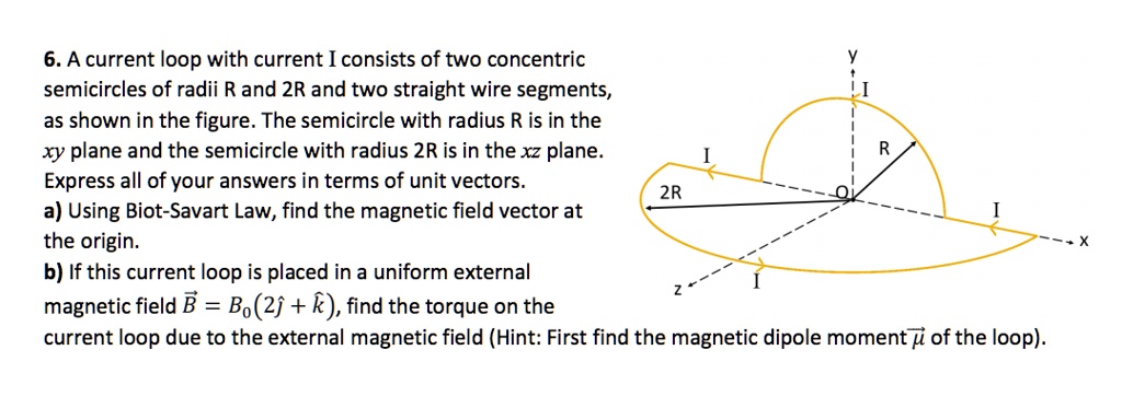 SOLVED: A current loop with current I consists of two concentric semicircles of radii R and 2R ...