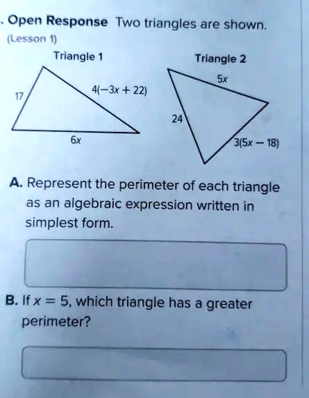 open response two triangles are shown lesson i triangle triangle 2 4 3x 22 35x 18 a represent ...