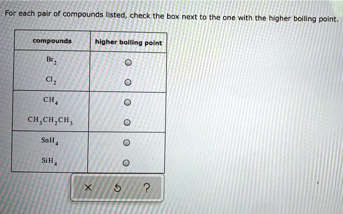 SOLVED:For each pair of compounds listed, check the box next to the one with the higher boiling ...
