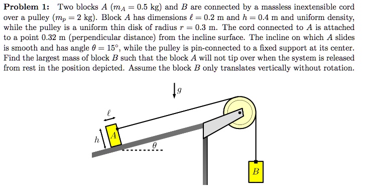Problem 1: Two blocks A (mA = 0.5 kg) and B are connected by a massless inextensible cord over a ...