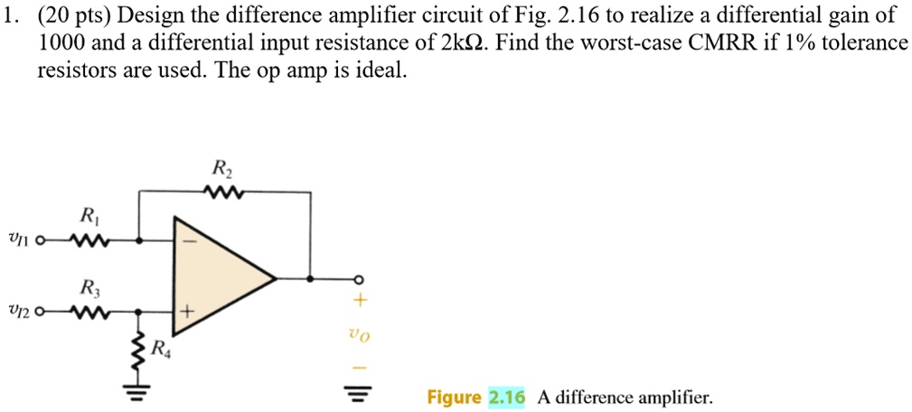 SOLVED: Design the difference amplifier circuit of Fig. 2.16 to realize a differential gain of ...