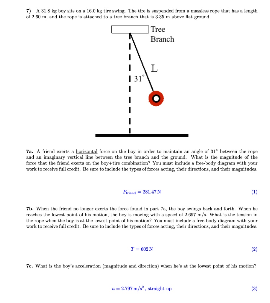 A 31.8 kg boy sits on a 16.0 kg tire swing. The tire is suspended from ...