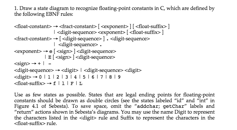 SOLVED: Draw a state diagram to recognize floating-point constants in C, which are defined by ...