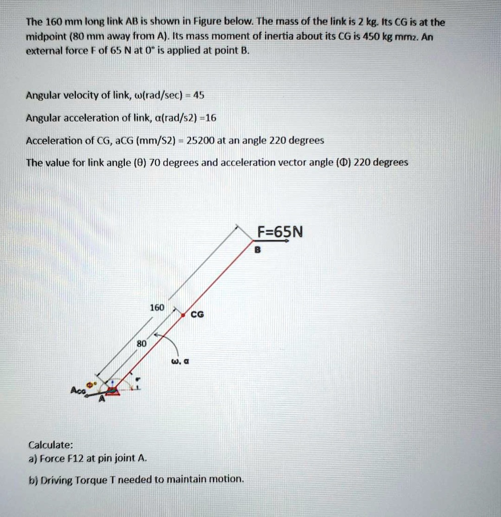 a) Force F12 at pin joint A. b) Driving Torque T needed to maintain motion.