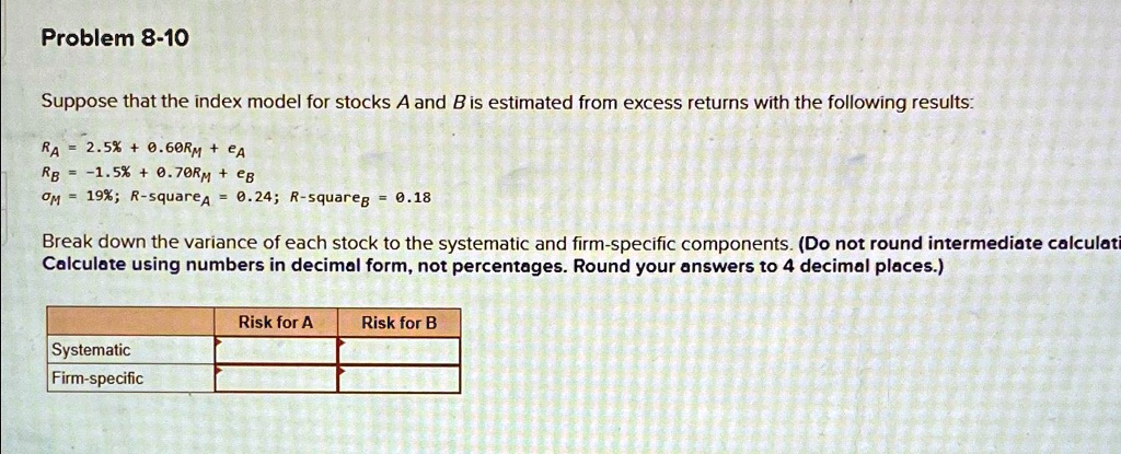 SOLVED: Problem 8-10 Suppose that the index model for stocks A and B is ...