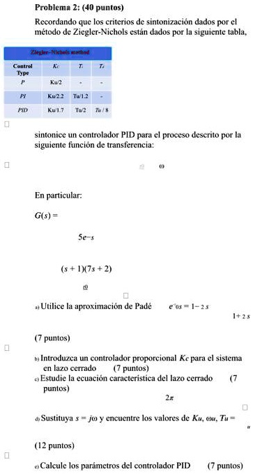 SOLVED: Recalling that the tuning criteria given by the Ziegler-Nichols method are provided in ...