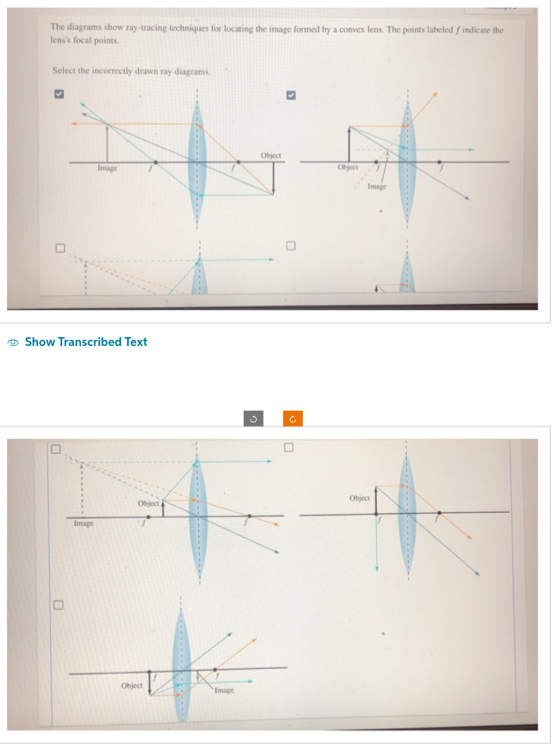 The diagrams show ray-tracing techniques for locating the image formed by a convex lens. The ...