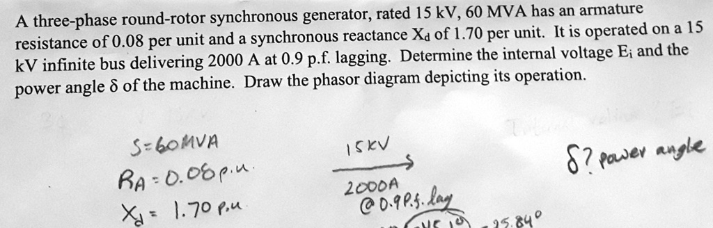 A three-phase round-rotor synchronous generator, rated 15 kV, 60 MVA has an armature resistance ...